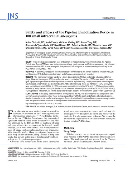 PDF Safety And Efficacy Of The Pipeline Embolization Device In 100 Small Intracranial Aneurysms