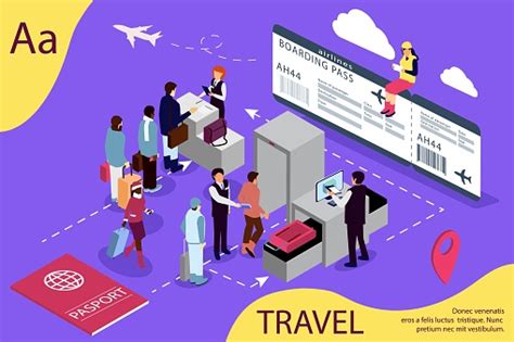 공항 아이소메트릭 여행 컨셉 및 여권 확인 데스크 대기 홀 제어 금속 탐지기 전신 스캐너 3차원 형태에 대한 스톡 벡터 아트 및 기타 이미지 Istock
