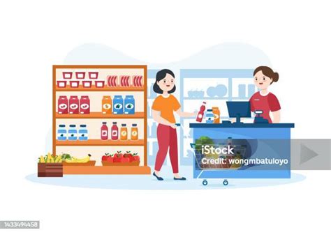식료품 점 또는 식품 선반이있는 슈퍼마켓 랙 유제품 과일 및 음료 플랫 만화 손으로 그린 템플릿 일러스트 레이 션 건축물에 대한 스톡 벡터 아트 및 기타 이미지 Istock