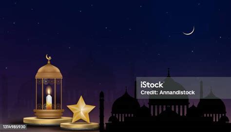 이드 무바라크 이슬람 인사말 카드 전통적인 이슬람 등불 촛불 골든 크레센트 달과 실루엣 모스크 배경과 스타와 3d 연단 이슬람 지역 사회 축제를위한 배너 디자인 0명에 대한