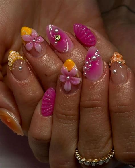 Handmade Pink Shell 3d Flower Pearl Summer Beach Press On Nails R50 In 2025 Gel Nails Nail