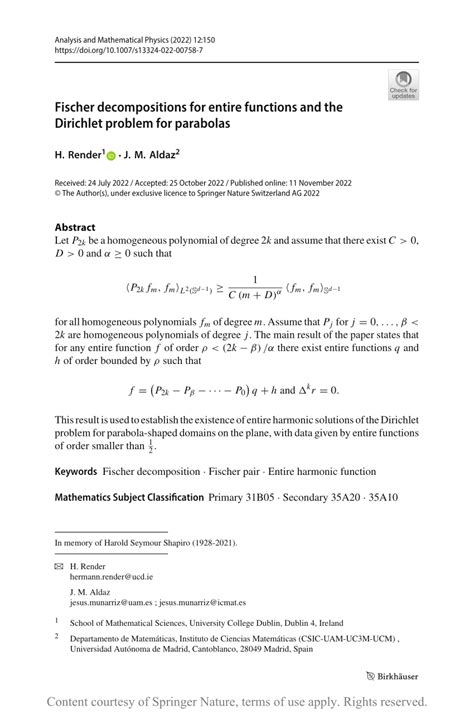 Fischer Decompositions For Entire Functions And The Dirichlet Problem