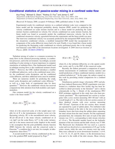 Pdf Conditional Statistics Of Passive Scalar Mixing In A Confined Wake Flow