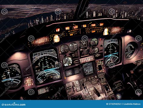 An Aircraft Cockpit Showcasing Various Flight Instruments And Controls Illuminated In A Moody