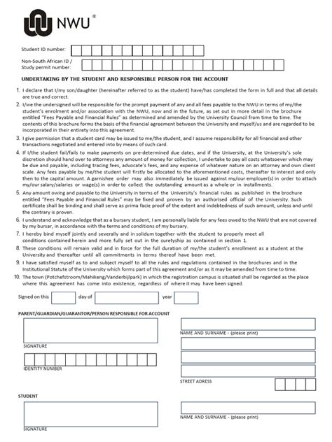Nwu Financial Undertaking With Adress Final Pdf Salary Fee