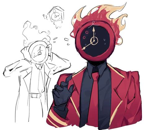 A Drawing Of A Man In A Red Suit With A Clock Face On His Head