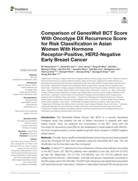 Pdf Comparison Of Geneswell Bct Score With Oncotype Dx Recurrence