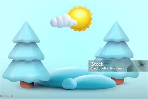 최소한의 귀여운 스타일로 현실적인 만화 3d 겨울 자연 구성 눈 전시회 연단 받침대 또는 크리스마스 나무가있는 섬 귀여운 템플릿 배경 구성 벡터 일러스트레이션 0명에 대한