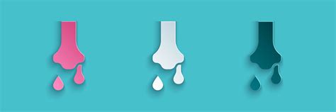 파란색 배경에 격리 된 Runny 코 아이콘을 잘라 종이 비염 증상 치료 코와 재채기 비강 질환 종이 아트 스타일 벡터 3차원