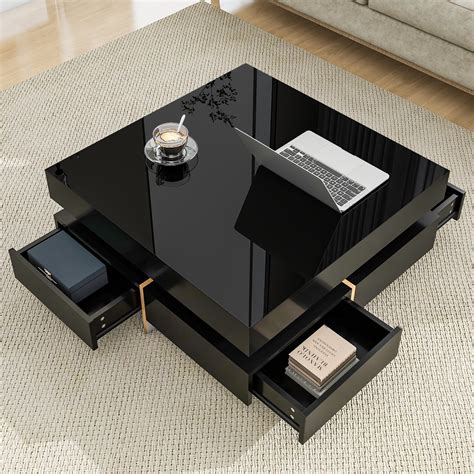 Churanty Modern Square High Gloss Coffee Table With 4 Storage Drawers