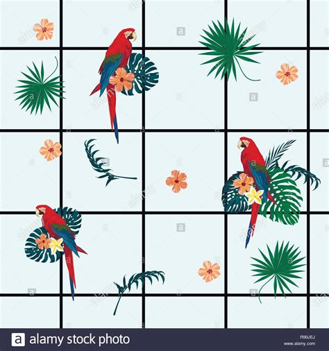 Seamless Vecor Exotic Geometrical Pattern With Cells Parrots Flowers Seamless Vecor Exotic Geometrical Pattern With Cells Parrots Flowers