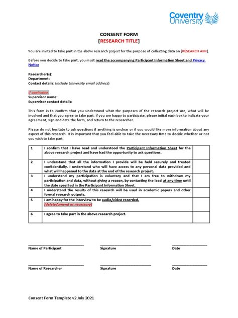 Consent Form Research Template V2 Pdf