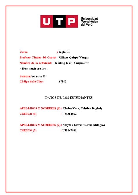 Week 12 Writing Task Assignment How Much Are The Ingles Ii Curso Ingles Ii Profesor