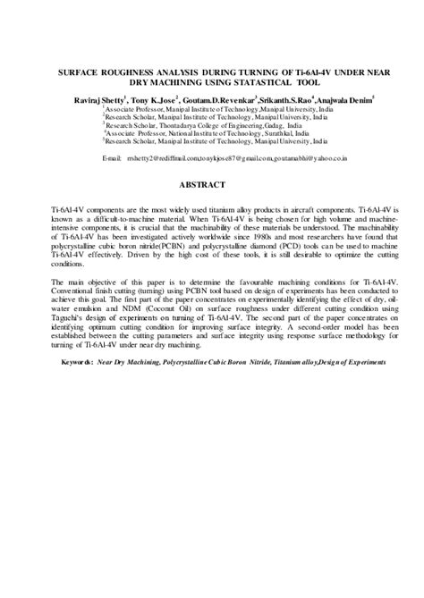 Pdf Surface Roughness Analysis During Turning Of Ti 6al 4v Under Near Dry Machining Using
