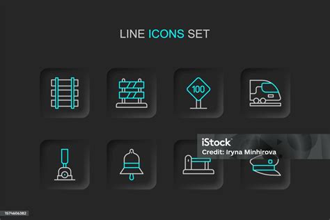 세트 라인 기차 운전사 모자 철도 철도 트랙 역 벨 철도 전환용 화살표 고속 열차 속도 제한 교통 표지판 100km 트랙 끝 및 장벽 아이콘 벡터 가리기에 대한 스톡 벡터