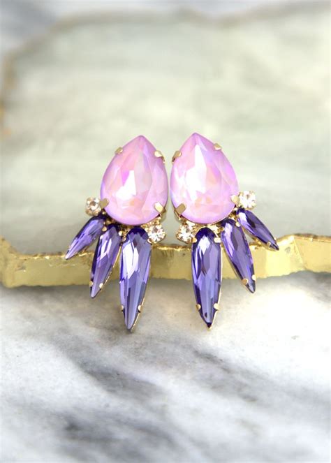 Purple Crystal Earrings Bridal Lilac Purple Stud Earrings Purple
