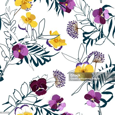 유행의 밝은 여름 피 정원 개요 및 손 그림 다채로운 꽃 패턴 원활한 벡터 일러스트 레이 션에 꽃의 많은 종류 귀여운에 대한 스톡 벡터 아트 및 기타 이미지 Istock