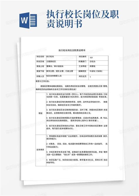 执行校长岗位及职责说明书Word模板下载 编号qdvyzyxp 熊猫办公