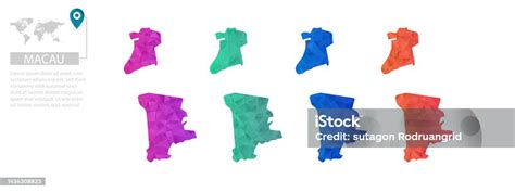 벡터 다각형 마카오 지도 세트입니다 낮은 폴리 스타일의 국가의 밝은 그라데이션 지도 인포그래픽을 위한 기하학적 스타일의 여러 가지 빛깔의 국가 지도 당신을 위한 다각형
