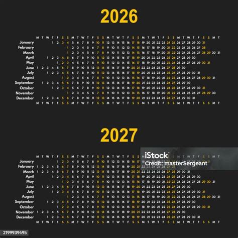 2026 2027 선형 달력 12 개월 벽 또는 책상 플래너 매월 행 벡터 템플릿 영어 월 이름 검은 색 배경 연중 사무실 타임 라인 0명에 대한 스톡 벡터 아트 및 기타