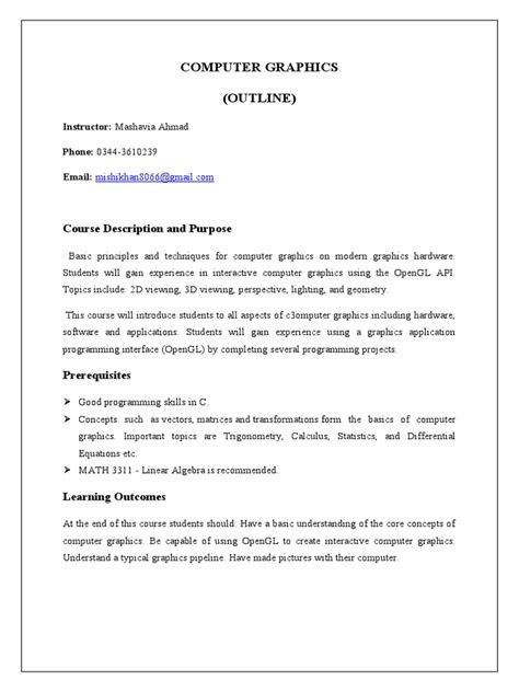 Computer Graphics Outline Course Description And Purpose Pdf Computer Graphics 2 D