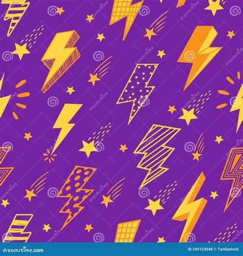 Lightning Pattern Seamless Print With Cartoon Thunderbolt Clipart Elements Of Various Shapes