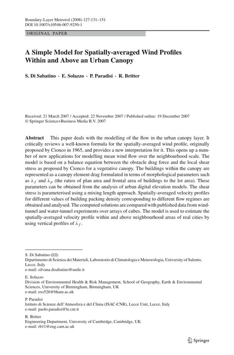 Pdf A Simple Model For Spatially Averaged Wind Profiles Within And Above An Urban Canopy