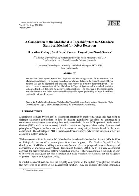 Pdf A Comparison Of The Mahalanobis Taguchi System To A Standard Statistical Method For Defect