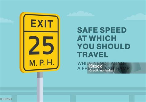 안전 운전 요령 및 교통 법규 미국 출구 주의보 속도 도로 표지판의 클로즈업 운전자가 주행해야 하는 안전 속도 벡터 일러스트 레이 션 템플릿 개체 그룹에 대한 스톡 벡터