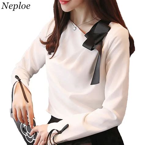 Neploe 2018 Spring Female White Shirts Bow Tie Design Shirt Fashion