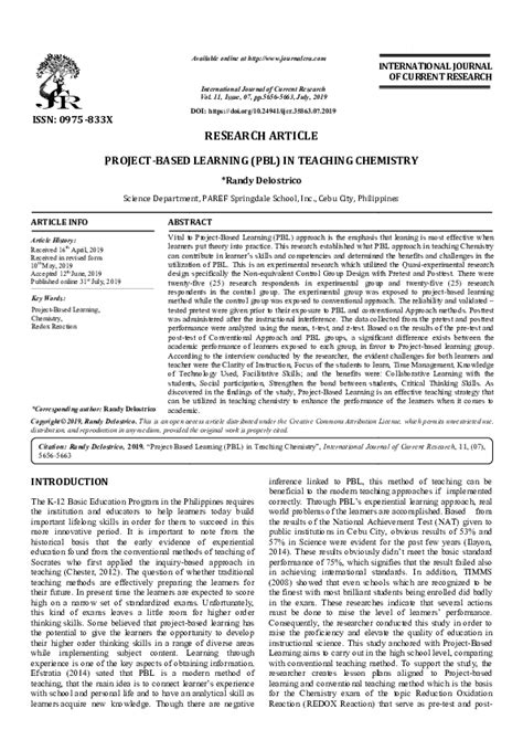 Pdf Project Based Learning Pbl In Teaching Chemistry