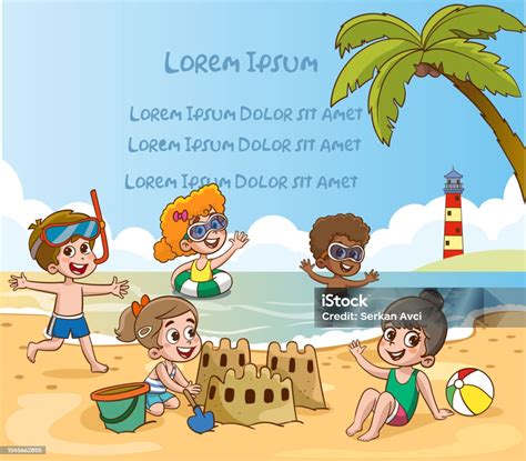 여름 풍경이 있는 어린이 캠프바다에서 즐거운 시간을 보내는 아이들 귀여운에 대한 스톡 벡터 아트 및 기타 이미지 귀여운 아이 여름 Istock