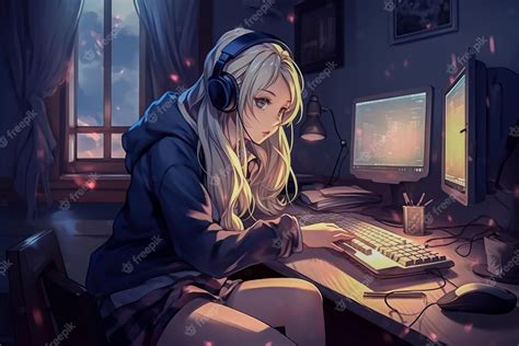 Anime Girl With Headphones And A Laptop Generative Ai Premium Ai Generated Image