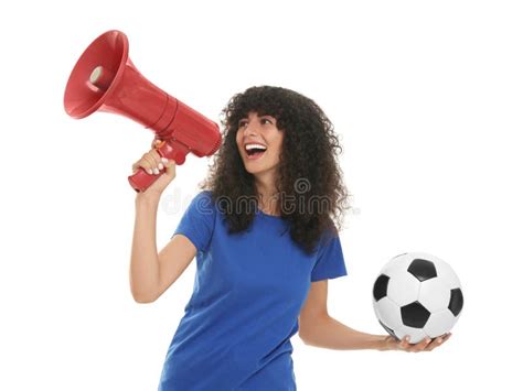 Happy Fan With Soccer Ball Using Megaphone Isolated On White Stock Image Image Of Excitement