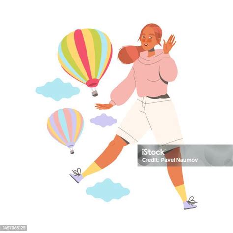 행복 한 여자 캐릭터 점프 긍정적인 분위기를 공유 하 고 뜨거운 공기 풍선 벡터 일러스트 레이 션 감정에 대한 스톡 벡터 아트 및 기타 이미지 Istock