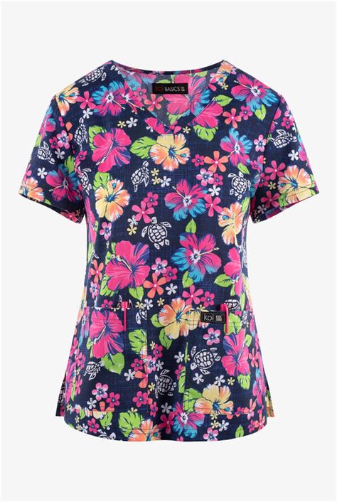 Koi Basics Hono And Hibiscus Floral Womens 2 Pocket Stretch V Neck Print