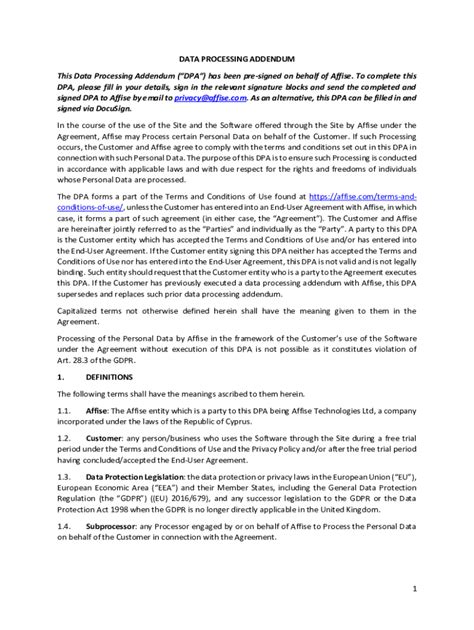 Fillable Online Data Processing Addendum This Dpa Has Been Pre Signed On Fax Email Print