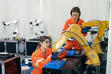 Premium Photo Female Engineer Check And Control Automation Robot Arms Machine In Intelligent