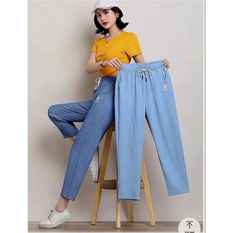 พร้อมส่ง กางเกงสีพื้น ขายาวสาวอวบ ขา8ส่วน กางเกงเกงสาวอวบ กางเกงผ้ายีน