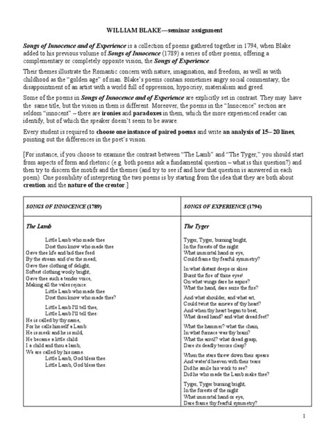 Blake Songs Of Innocence And Of Experience Texts And Seminar Task Download Free Pdf