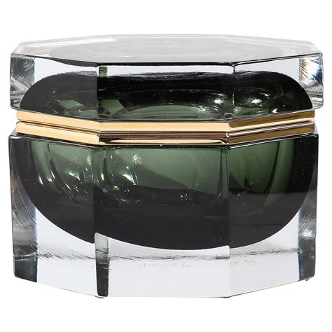 Modernist Hand Blown Amber Murano Glass Box With Brass Fittings For