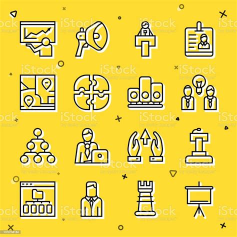 세트 라인 칠판 무대 스탠드 또는 트리뷴 램프 전구 퍼즐 조각 접힌지도 위치 교육 프리젠 테이션 및 순위 스타 아이콘을 가진 사람들 벡터 개체 그룹에 대한 스톡 벡터 아트