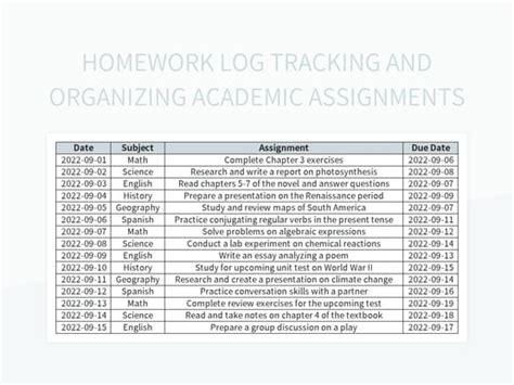 Homework Log Tracking And Organizing Academic Assignments Excel