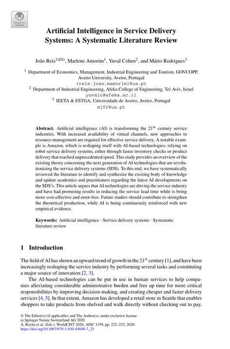 Pdf Artificial Intelligence In Service Delivery Systems A Systematic Literature Review