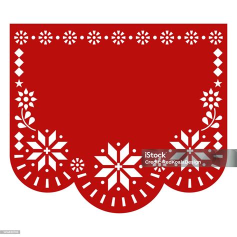 크리스마스 파펠 피카도 벡터 템플릿 디자인 눈송이와 꽃과 인사말을위한 빈 공간 빨간색으로 멕시코 파티 화환 종이 컷 아웃 장식 크리스마스에 대한 스톡 벡터 아트 및 기타