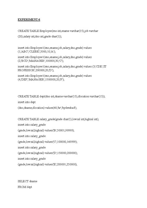 Sql Queries With Output Experiment 6 Create Table Employeeeno Intename Varchar15job