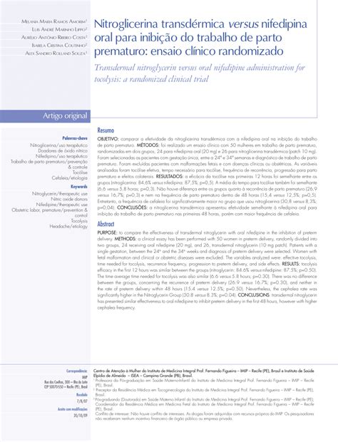 Pdf Transdermal Nitroglycerin Versus Oral Nifedipine Administration For Tocolysis A