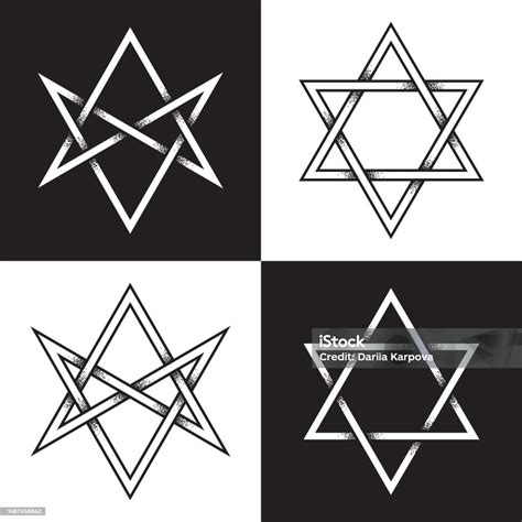 육각형 세트 고전적이고 단일한 손으로 그린 점 작품 육각형 별 고립 벡터 그림의 고대 이교도 상징 블랙 작업 플래시 문신 또는 인쇄 디자인 0명에 대한 스톡 벡터 아트 및