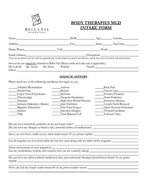 Fillable Online Body Therapies Mld Intake Form Fax Email Print Pdffiller