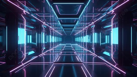 네온 불빛이 있는 미래형 벽을 통과하는 복도 추상적 미래 배경을 위한 밝은 네온 조명을 반사하는 기하학적 모양과 미러 셀이 있는 가상 세계 터널의 3d 일러스트레이션